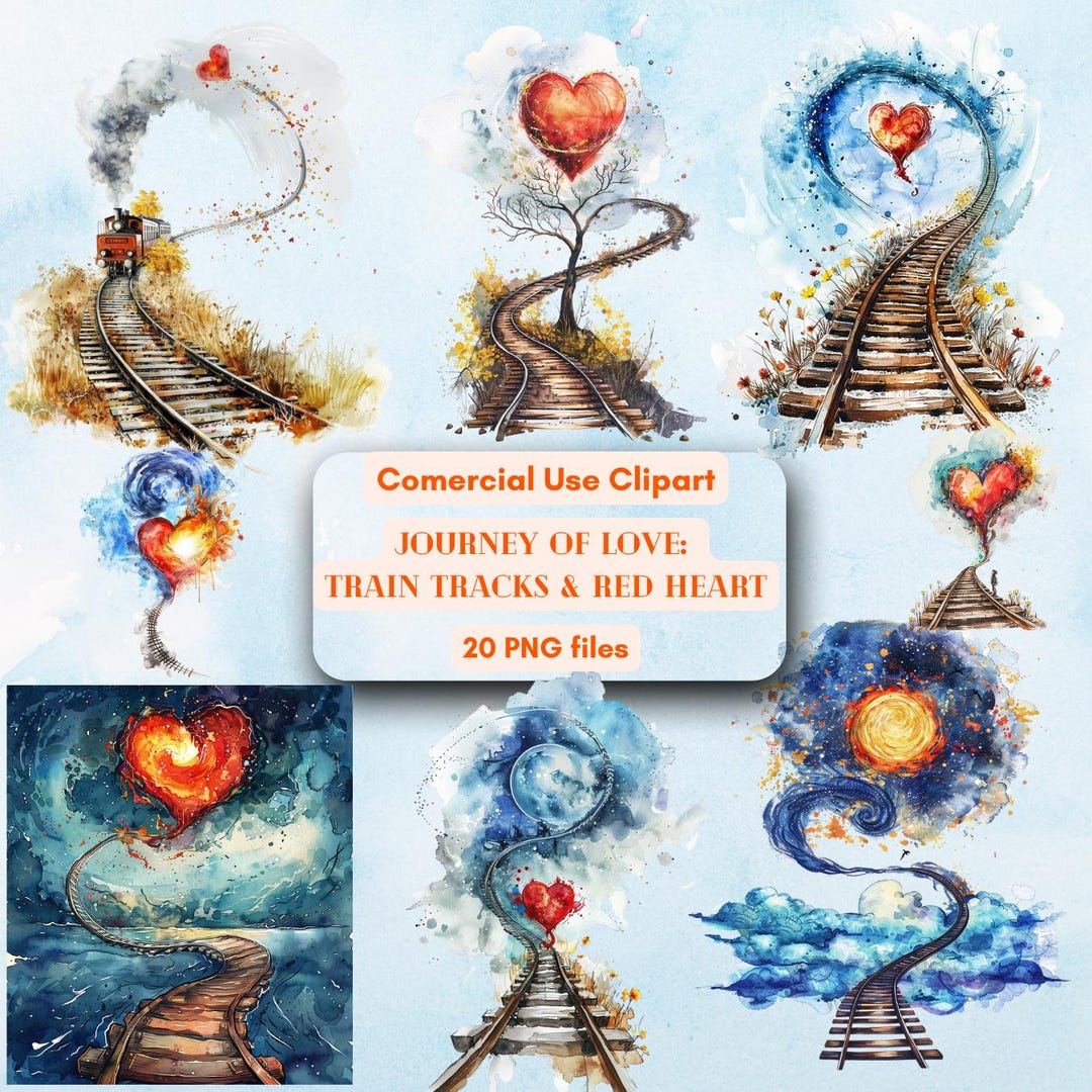 Train Tracks & Red Heart Clipart Bundle: Love-themed Watercolor PNG ...