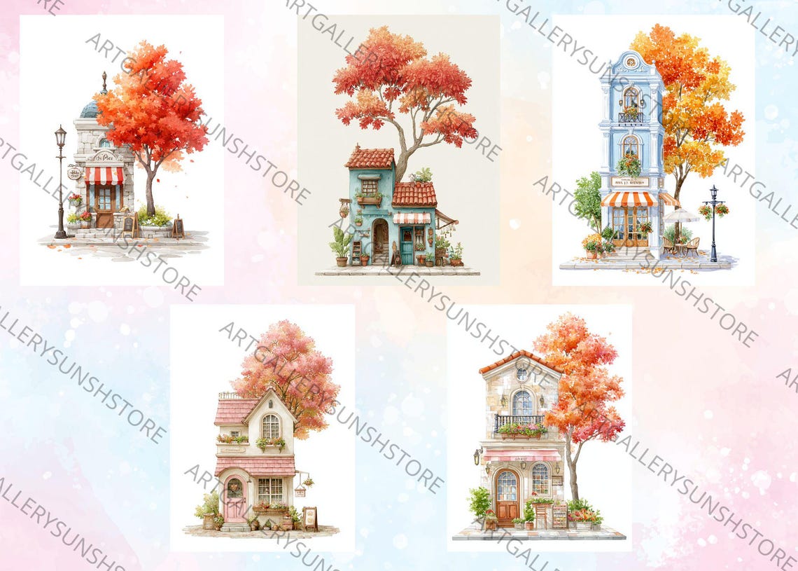 Fall Shop Watercolor Clipart Set – Beautiful Autumn Storefront Bundle ...