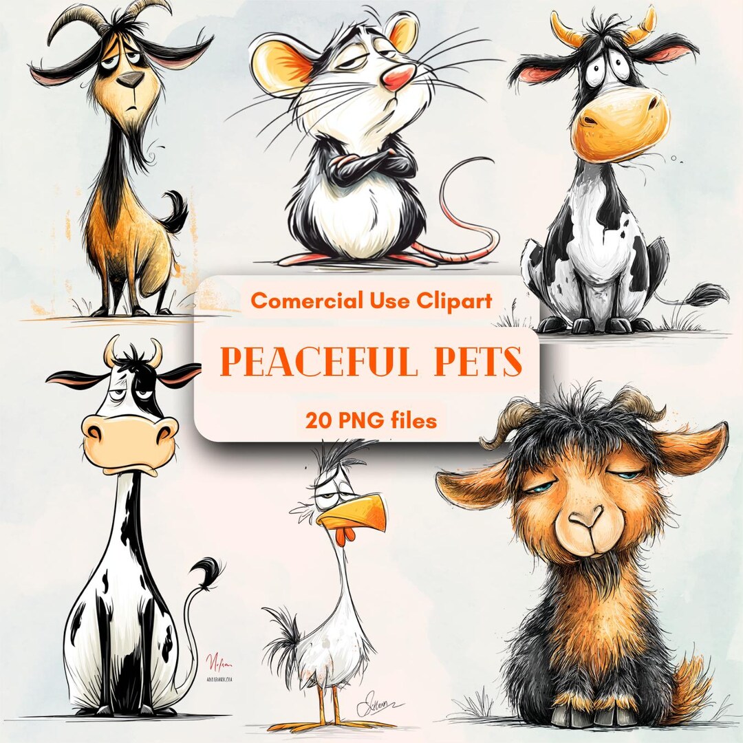 Peaceful Pets Cartoon Clipart Bundle of Domestic Animals, Free ...