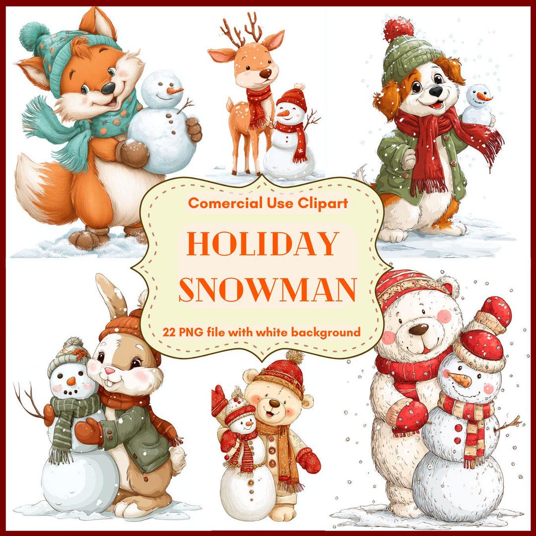 Winter Animal Clip Art Bundle | Cartoon Animals Building Snowman ...