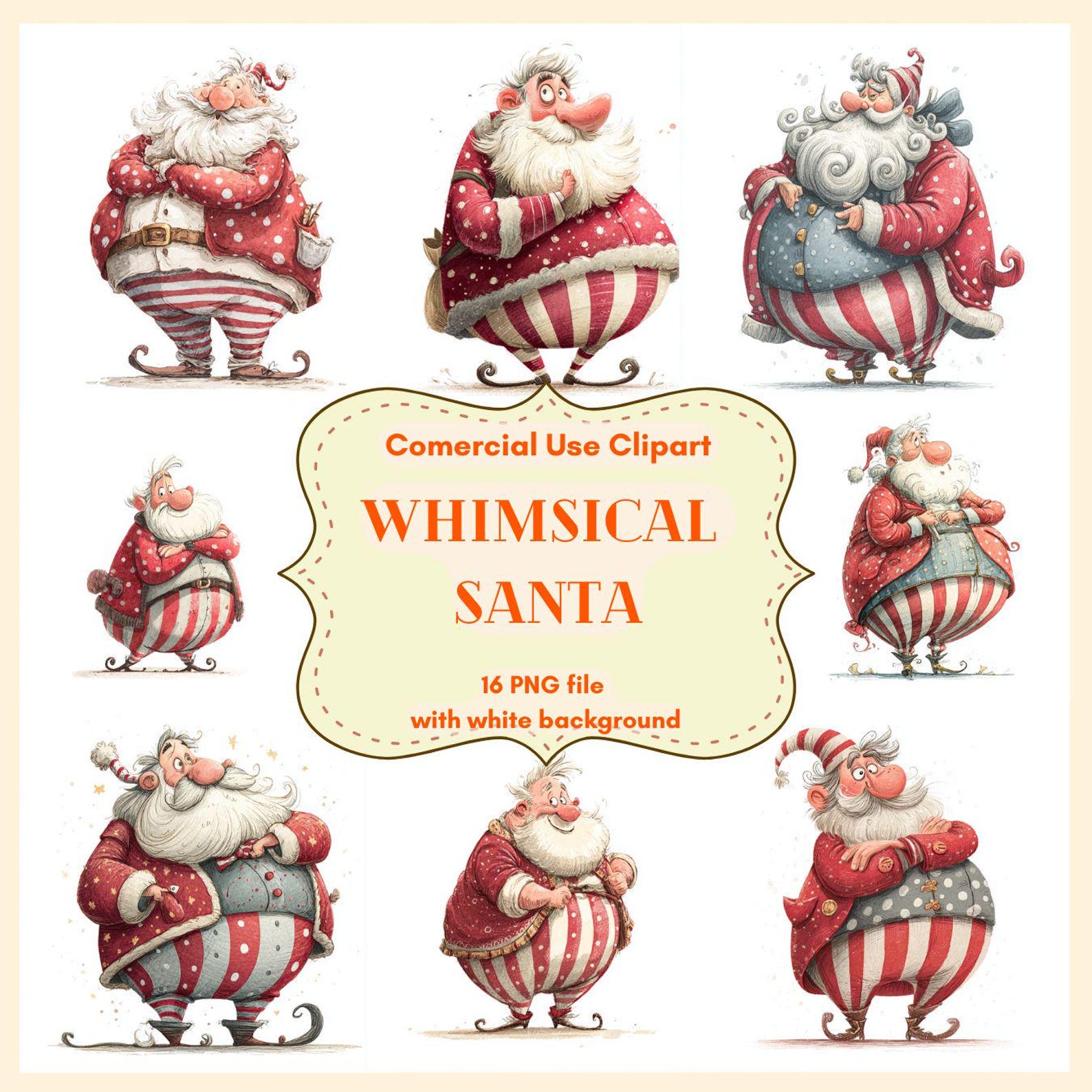 Whimsical Santa Clipart Bundle, Holiday Illustrations (digital Download ...