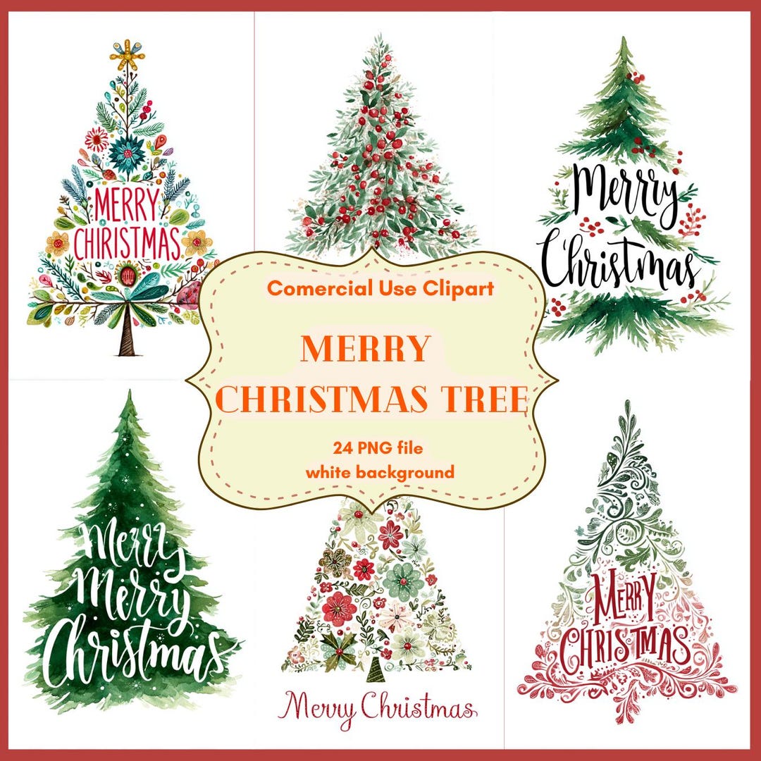 Merry Christmas Tree Clipart Bundle | Festive Holiday PNG Set, Vintage ...