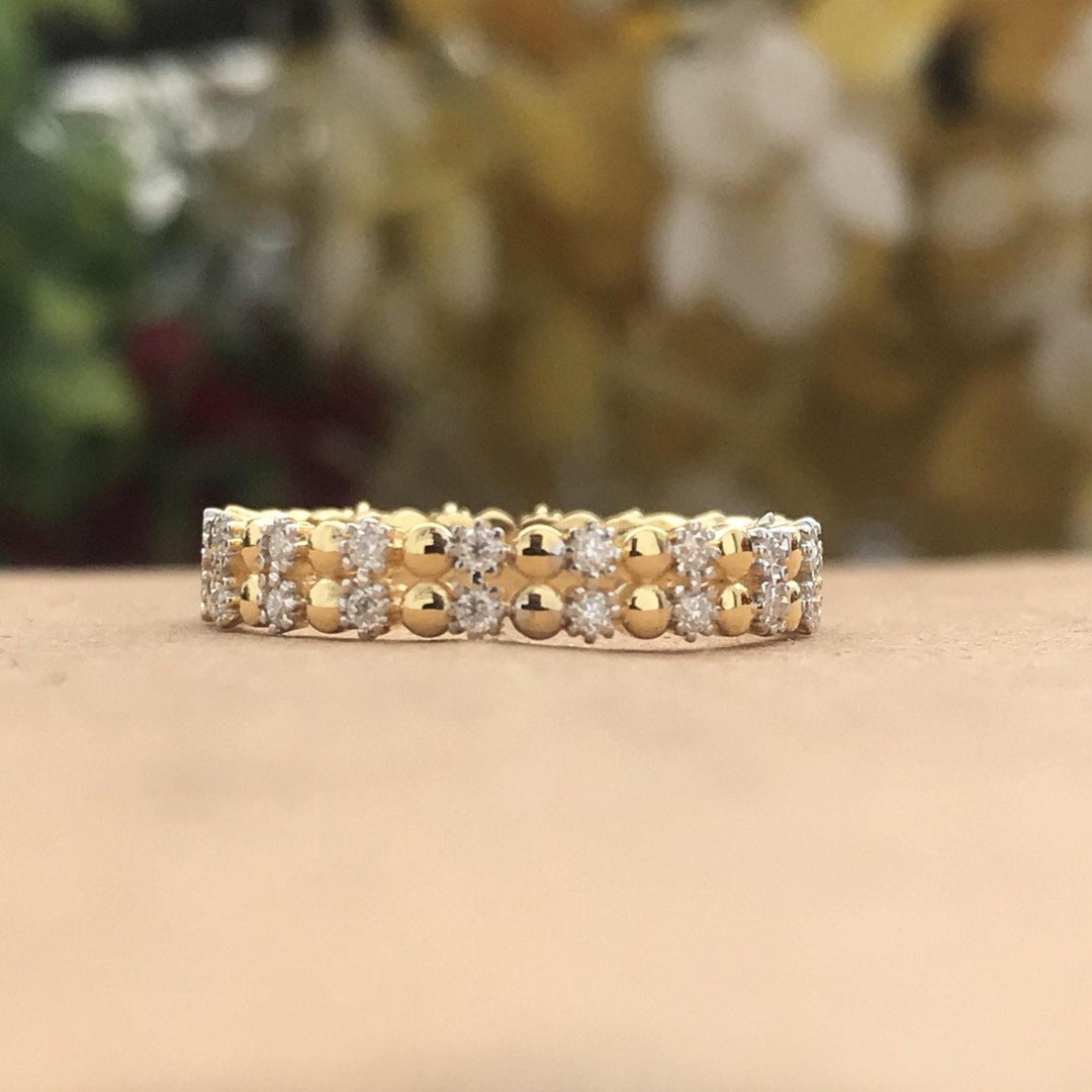 Two Line Diamond Wedding Band, 14k Solid Gold Band, Unisex Eternity ...