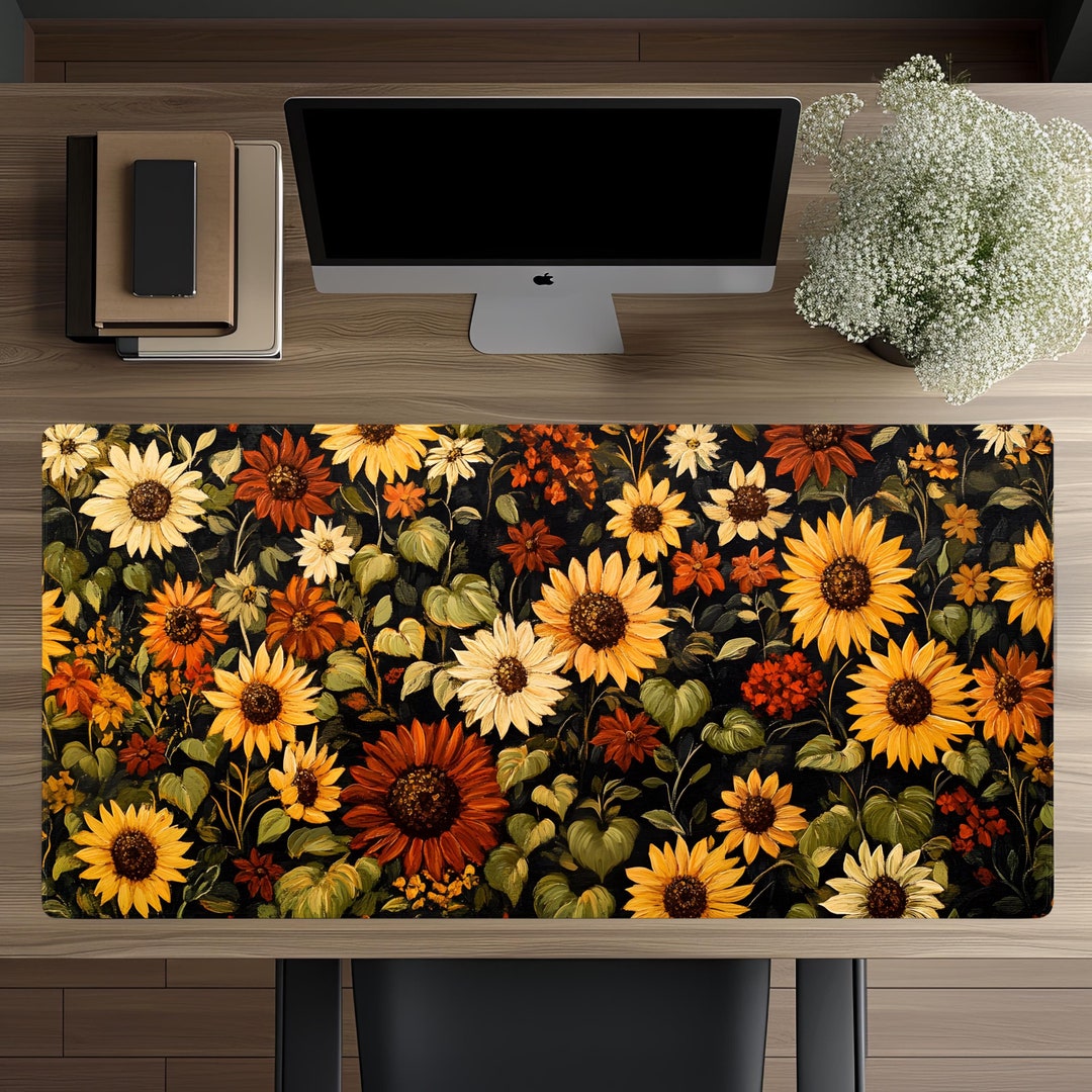 Sunflower Pattern Desk Mat, Botanical Mousepad, Vintage Floral ...