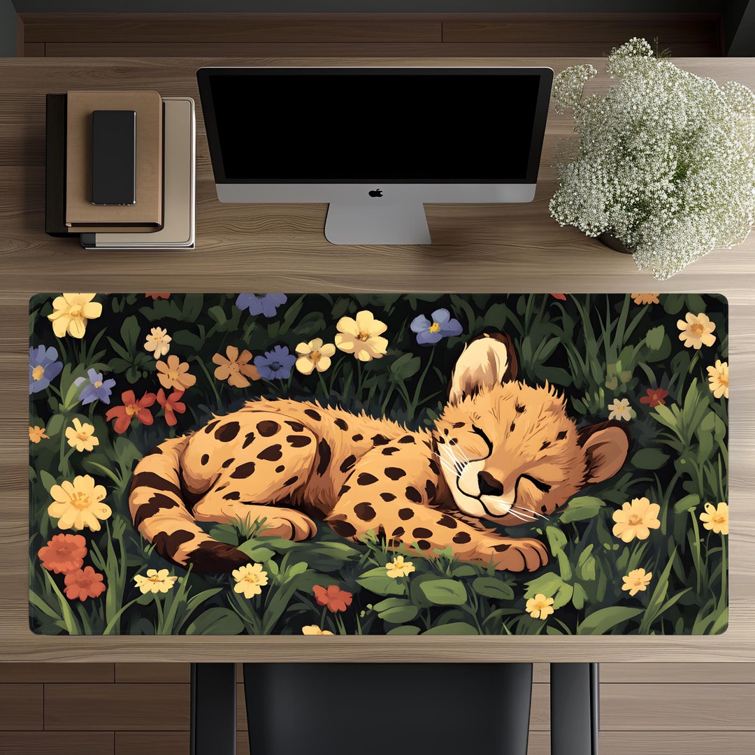Sweet Cheetah Cub Desk Mat, Large Kawaii Mousepad, Large Floral Desk ...