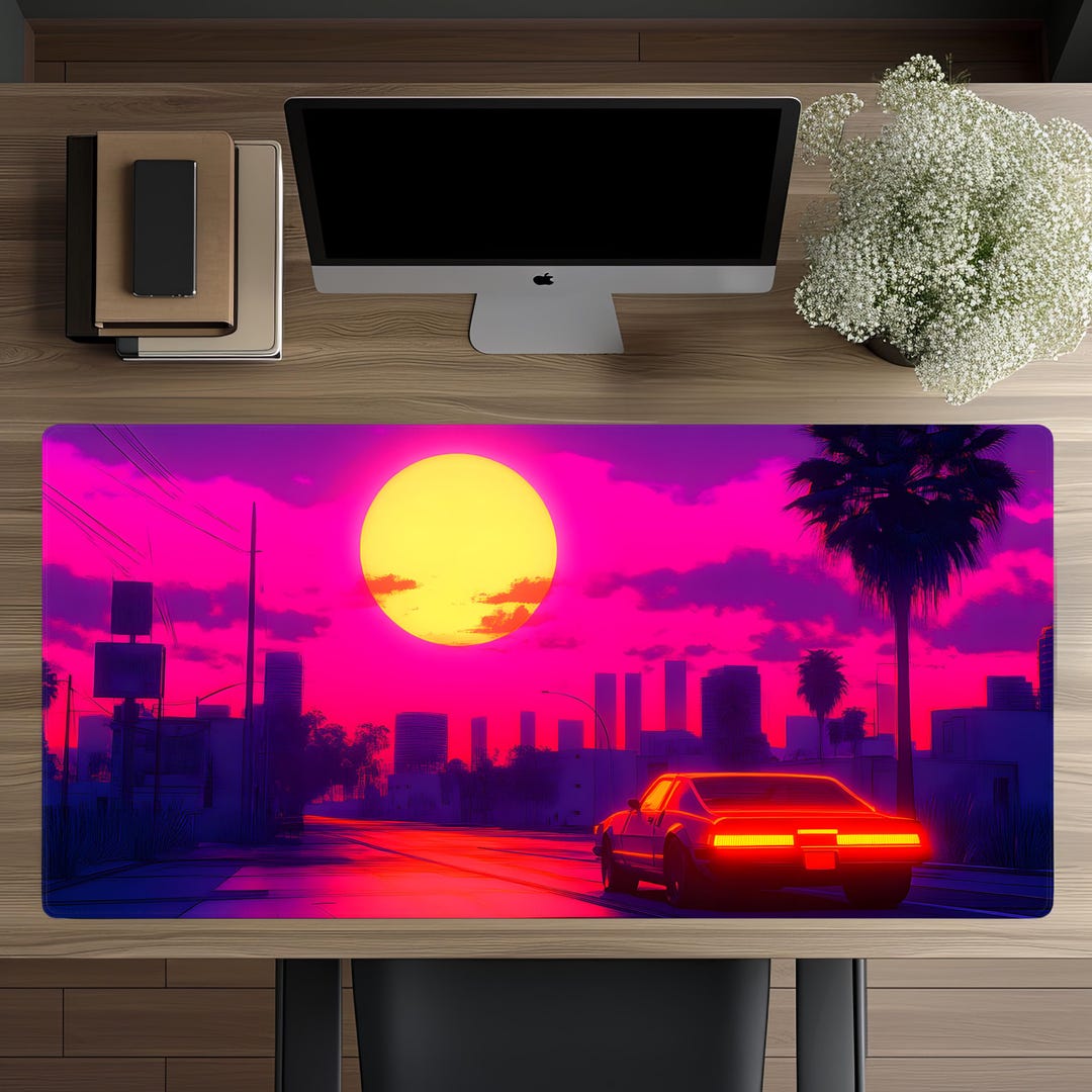 Retro Desk Mat, Street at Sunset Desk Pad, Neon Gaming Mouse Pad ...
