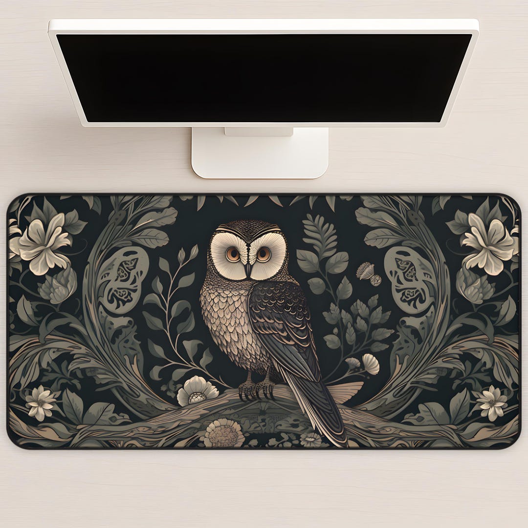 Cottagecore Owl Desk Mat – Elegant Mouse Pad for Animal Lovers – Dark ...