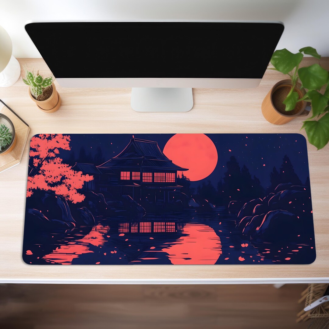 Traditional Japanese House Desk Mat, Fantasy Nightscape Desk Pad, Red ...