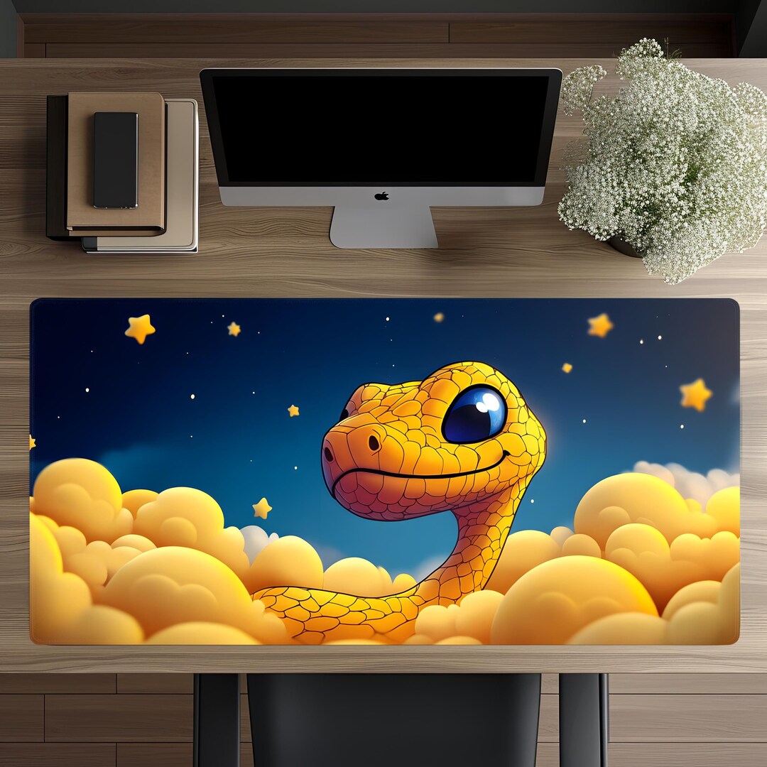Cute Yellow Snake Cloudy Night Sky Desk Mat, Kawaii Style Mousepad ...