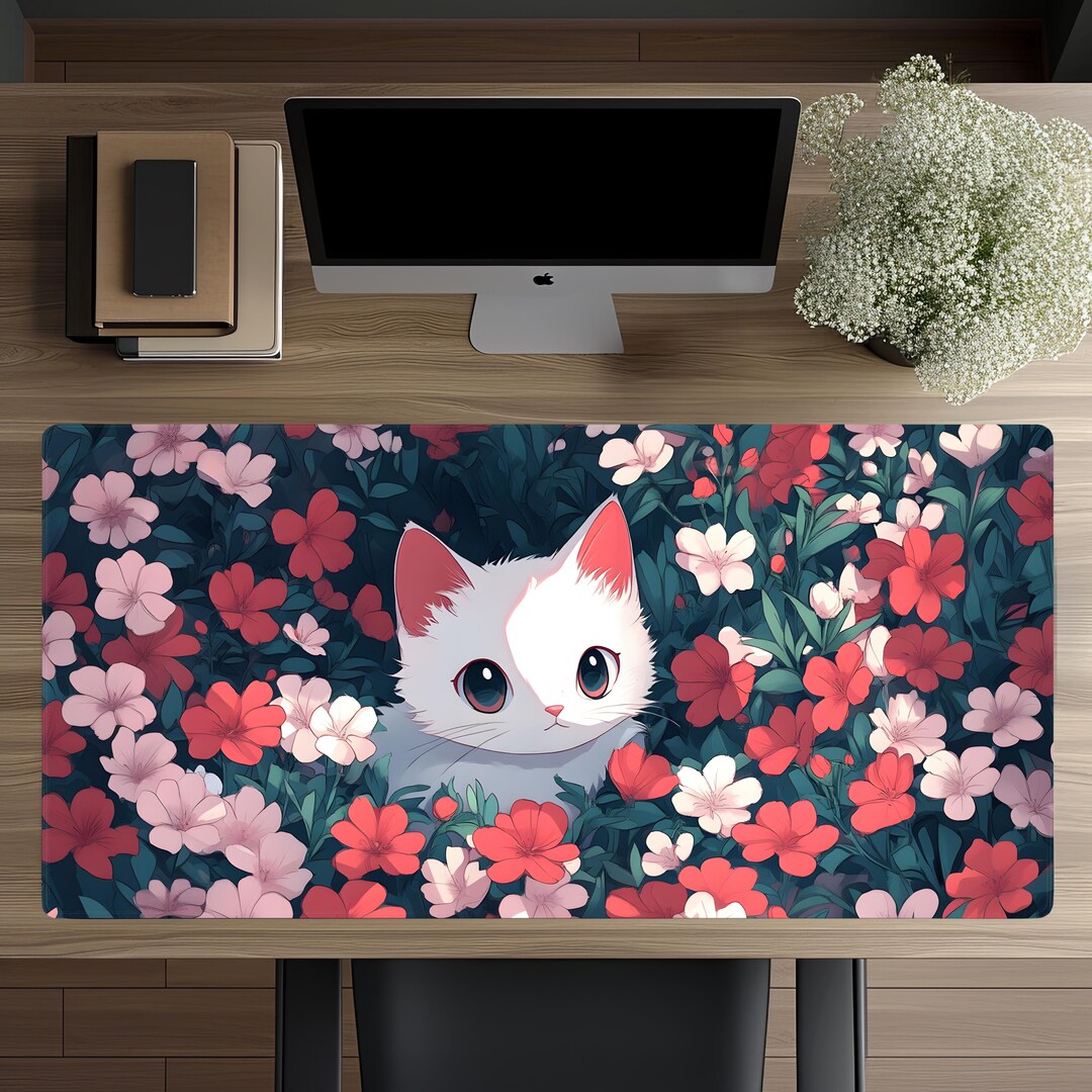 Kawaii White Kitty Desk Mat, Cute Floral Mousepad, Anime Desk ...