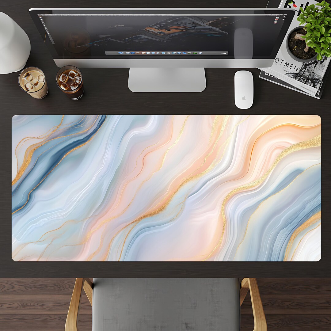 Pastel Marble Desk Mat: Agate Stone Pattern With Gold Veins - Etsy