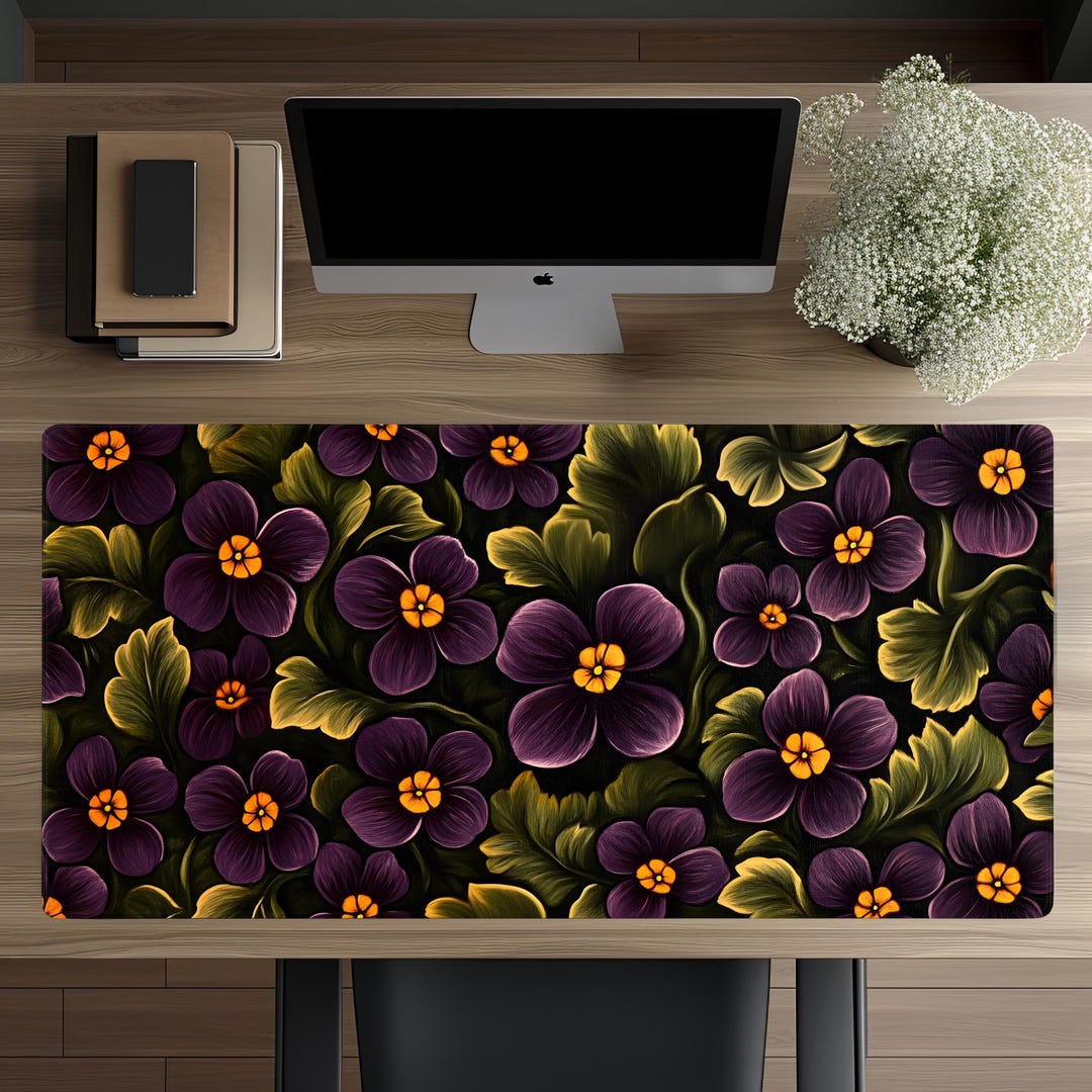 Old Fashioned Floral Desk Mat, Dark Purple African Violets Desk Pad ...