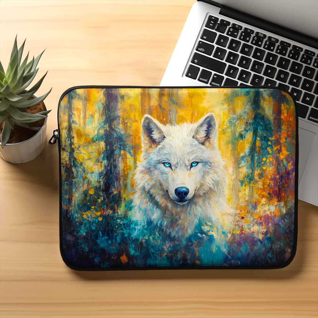 Blue-eyed Wolf Laptop Sleeve: Colorful Forest Acrylic Art - Etsy