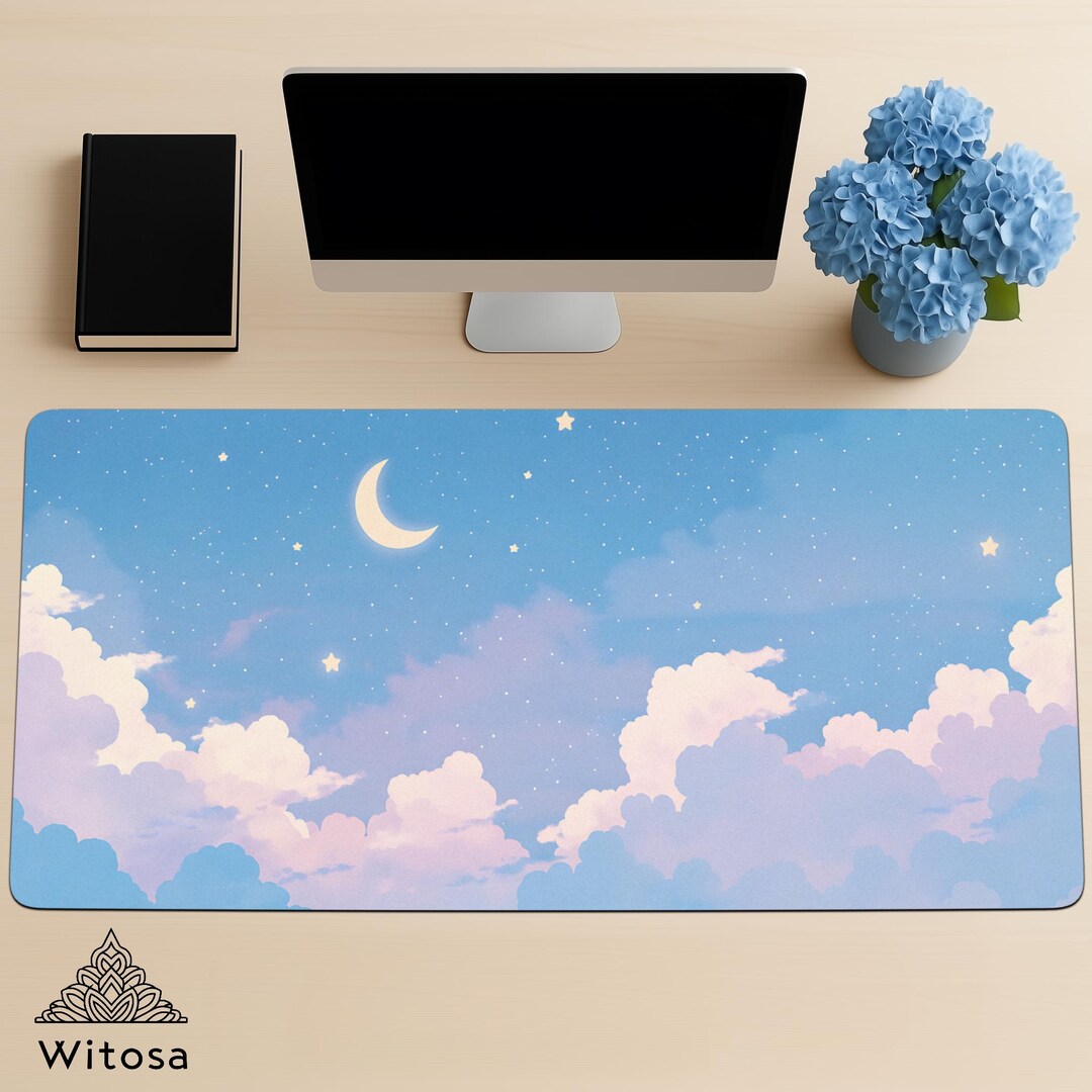 Kawaii Night Sky Desk Mat With Moon and Stars – Pastel Cloud Gaming ...