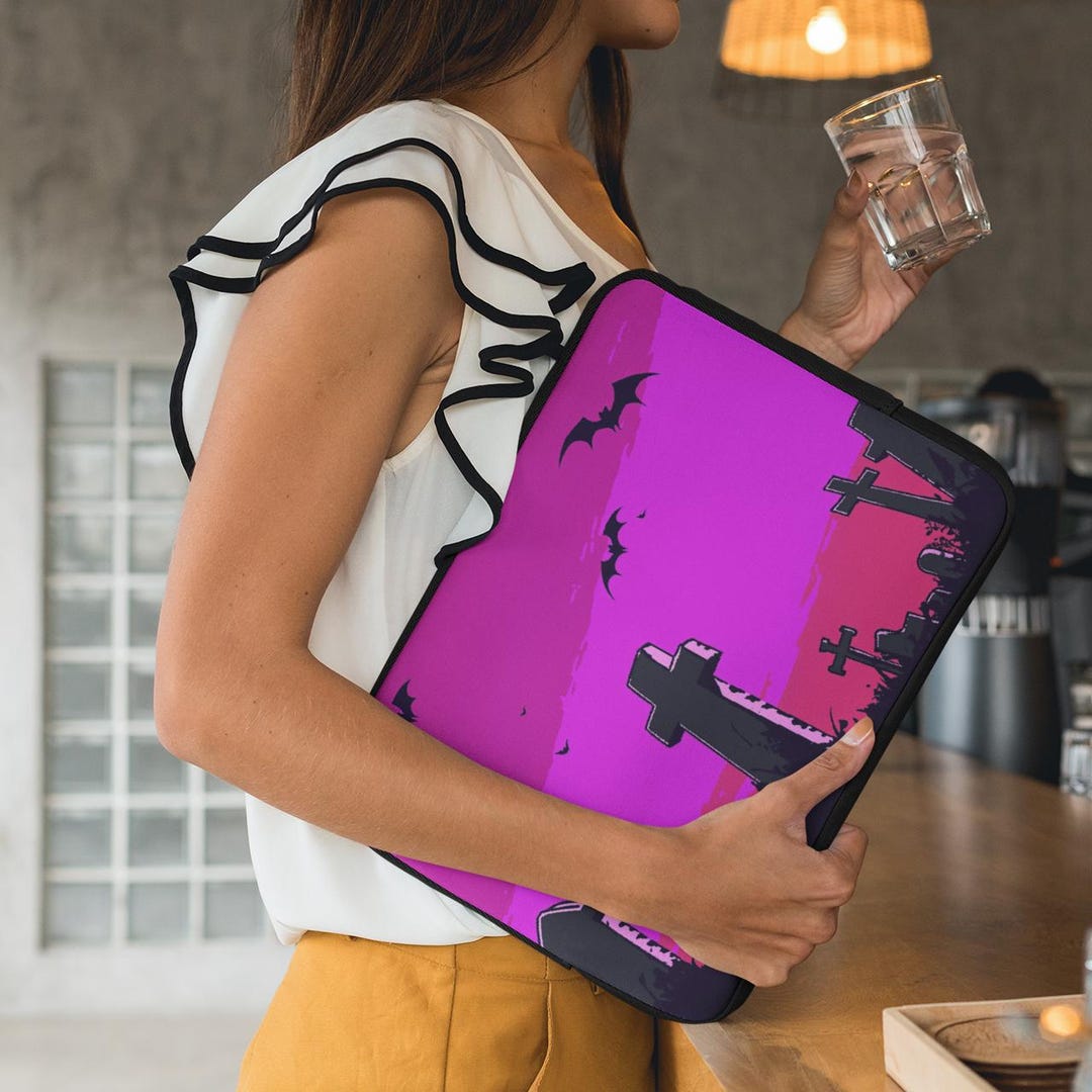 Gothic Graveyard Twilight Laptop Sleeve – Bold Pink and Black Cemetery ...