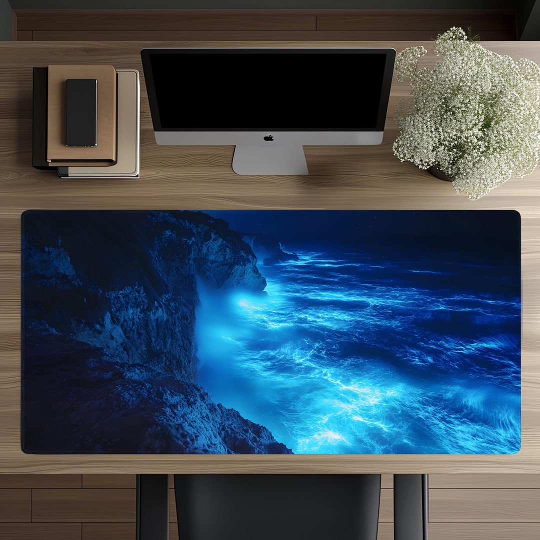 Desk Mat Neon Blue Ocean, Aesthetic Ocean Waves Desk Pad, Office ...