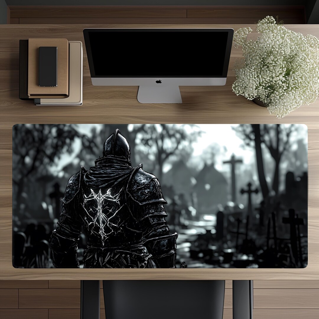 Armored Warrior Desk Mat, Medieval Knight Mousepad, Monochrome Computer ...