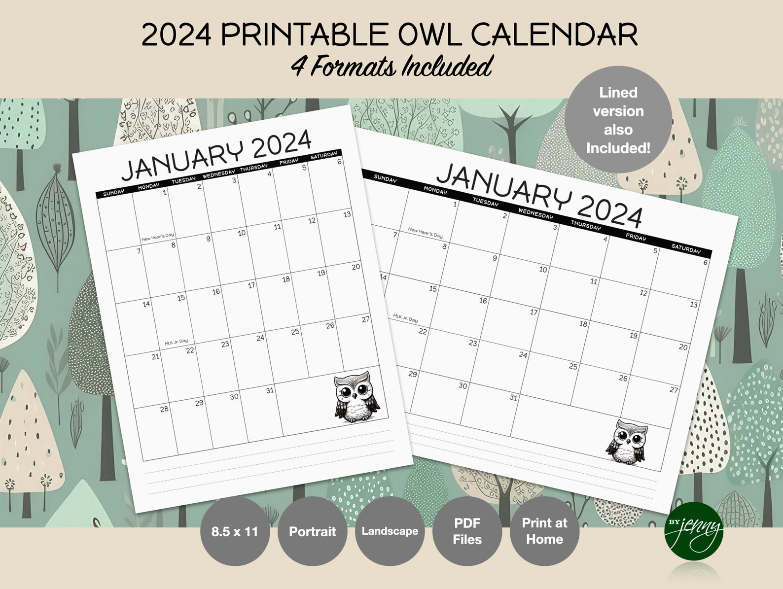 2024 Printable Owl Calendar, 2024 Monthly Calendar, Instant Download ...