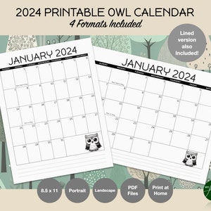 2024 Printable Owl Calendar, 2024 Monthly Calendar, Instant Download ...
