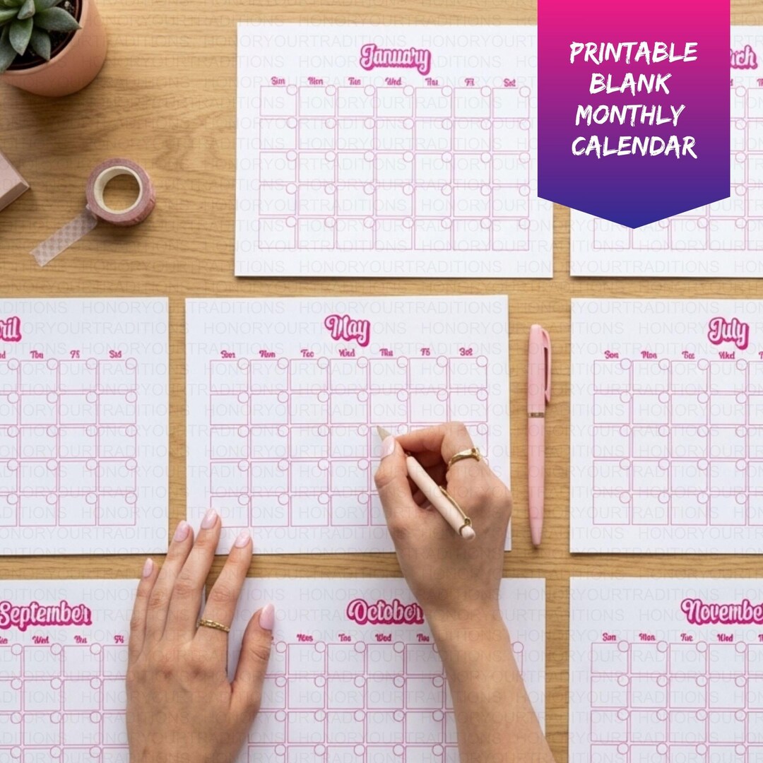 Printable Blank Monthly Calendar, Undated Everyday Planner, Letter Size ...