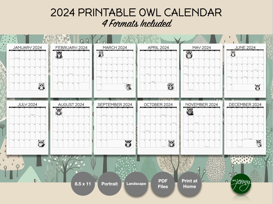 2024 Printable Owl Calendar, 2024 Monthly Calendar, Instant Download ...