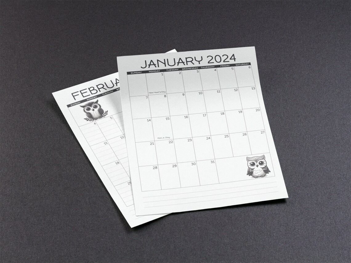 2024 Printable Owl Calendar, 2024 Monthly Calendar, Instant Download ...