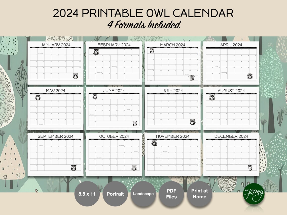 2024 Printable Owl Calendar, 2024 Monthly Calendar, Instant Download ...
