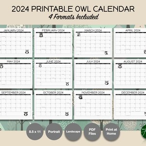 2024 Printable Owl Calendar, 2024 Monthly Calendar, Instant Download ...