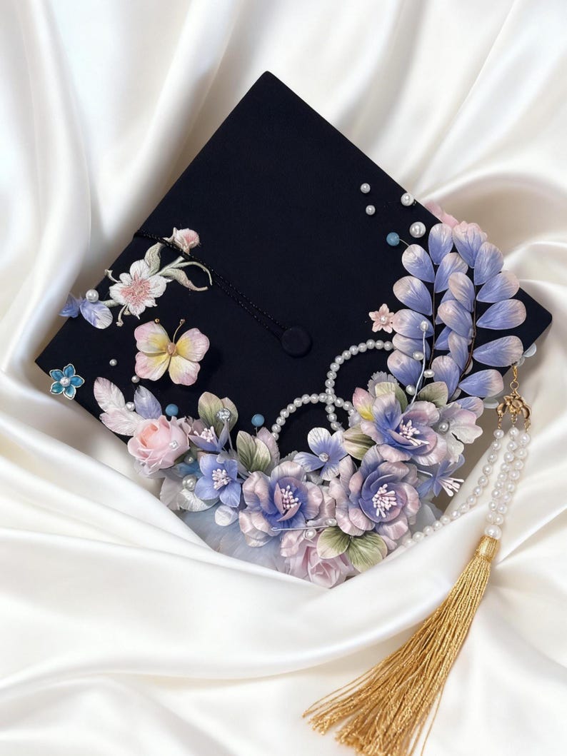 Handmade Graduation Cap, Silk Velvet Flower & Embroidery Mortarboard ...