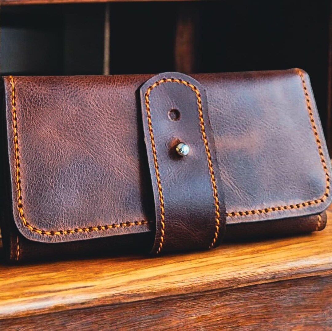 Handmade Brown Leather Tobacco Pouch With Zipper Pocket and Snap ...