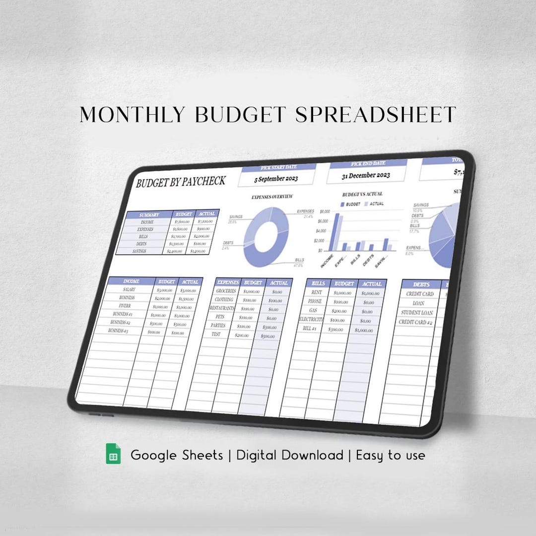 Monthly Budget Spreadsheet, Google Spreadsheet, Digital Financial ...
