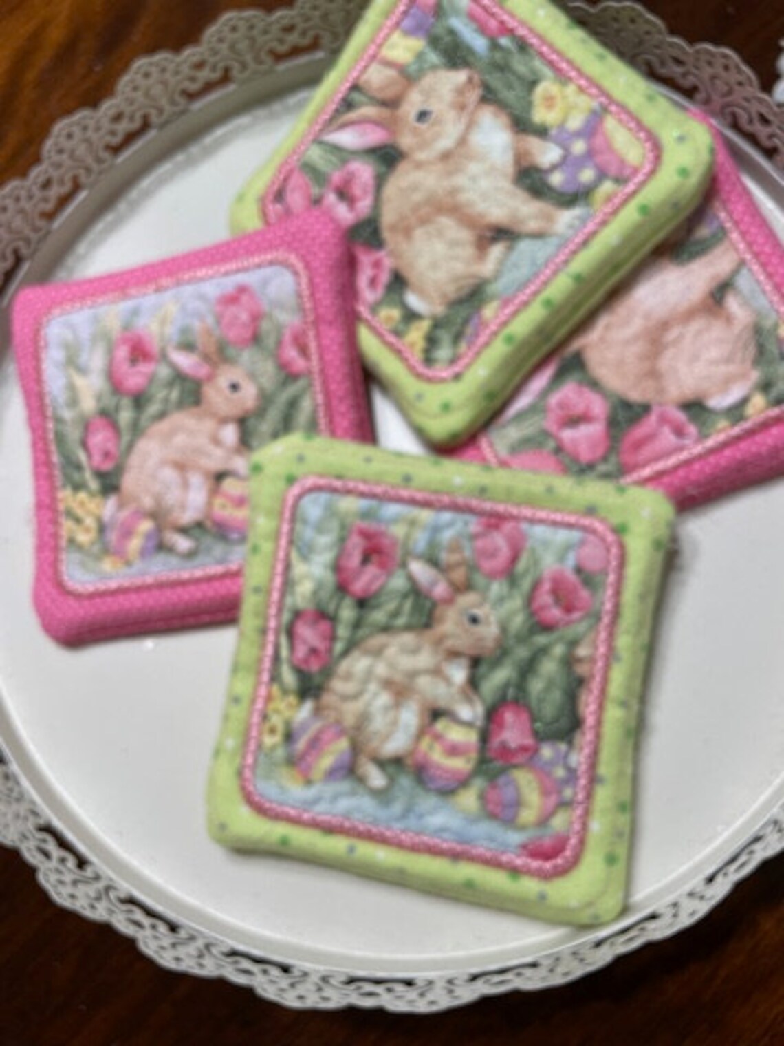 Easter Coasters Set of Four Bunnies Quilted Soft Cotton Padded Mug Rugs ...