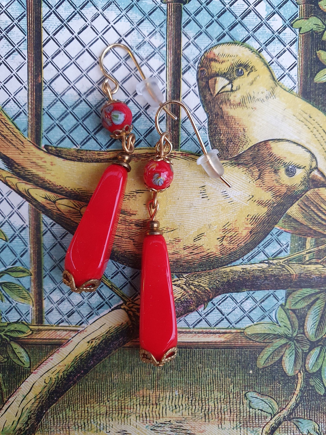 Boucles d'oreilles rouges à lèvres vintage longues - Etsy France
