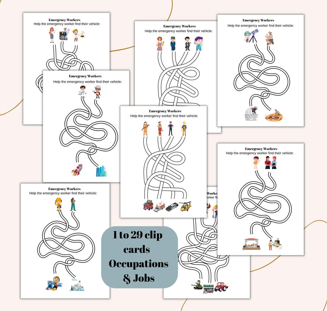 Emergency Workers Maze Worksheet,1 to 29 Clip Cards Occupations & Jobs ...