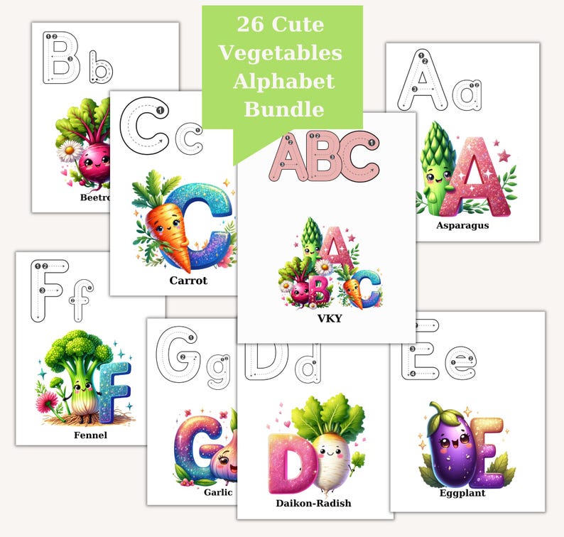 Vegetable ABC Flash Cards: Printable Learning Activity (digital ...