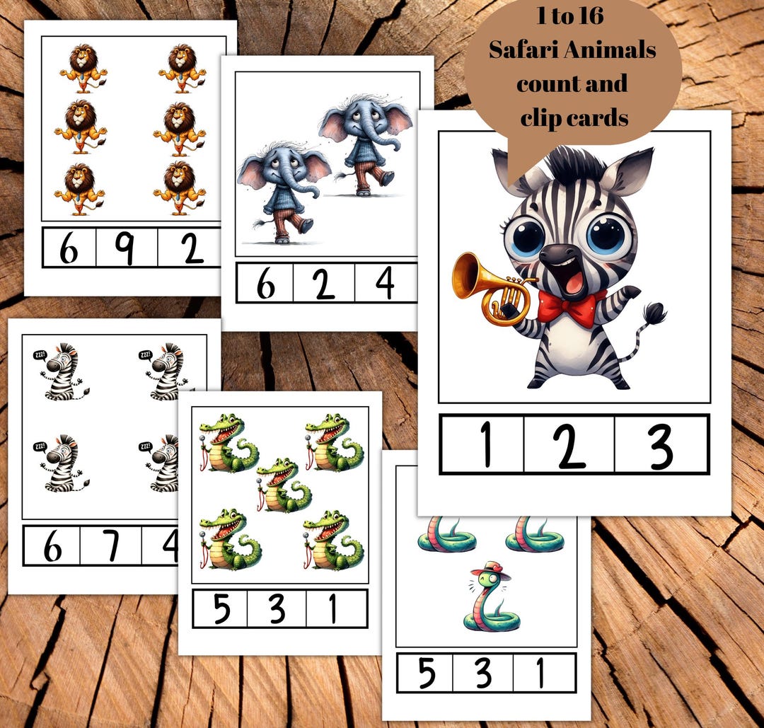 SAFARI ANIMALS Count and Clip Cards, 1 to 16 Counting, Spring Activity ...