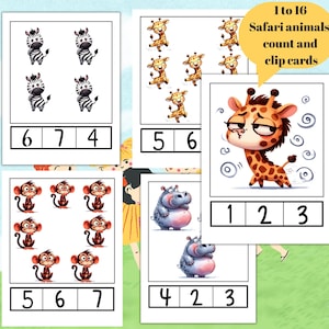 Safari , Animals Count and Clip Cards: Montessori Math (instant ...
