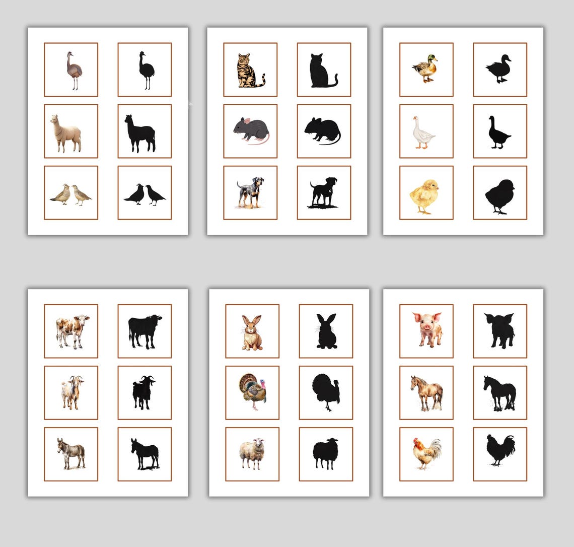 Montessori Printable Farm Animals Shadow Matching Cards. Pre-reading ...