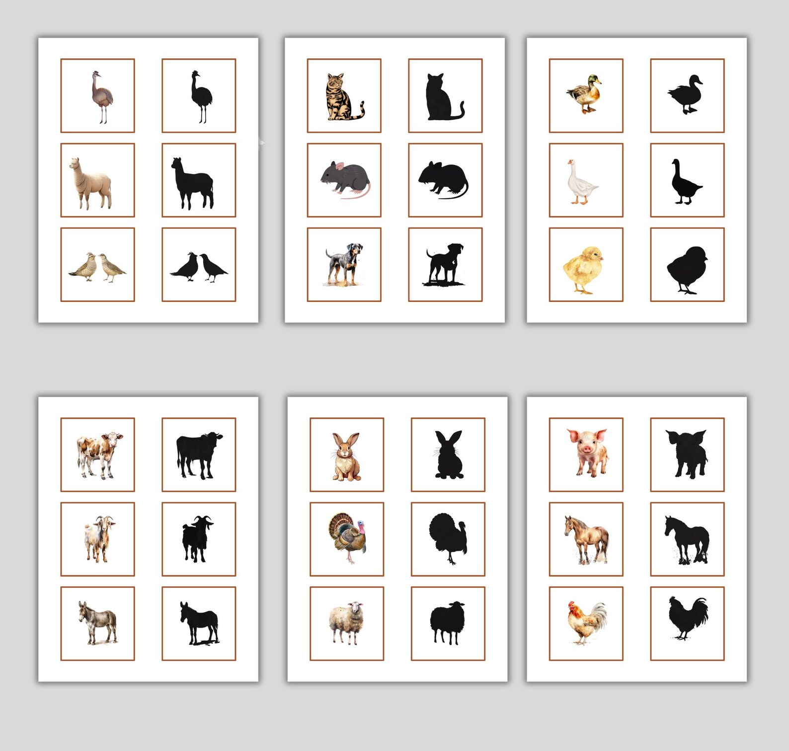 Montessori Printable Farm Animals Shadow Matching Cards. Pre-reading ...