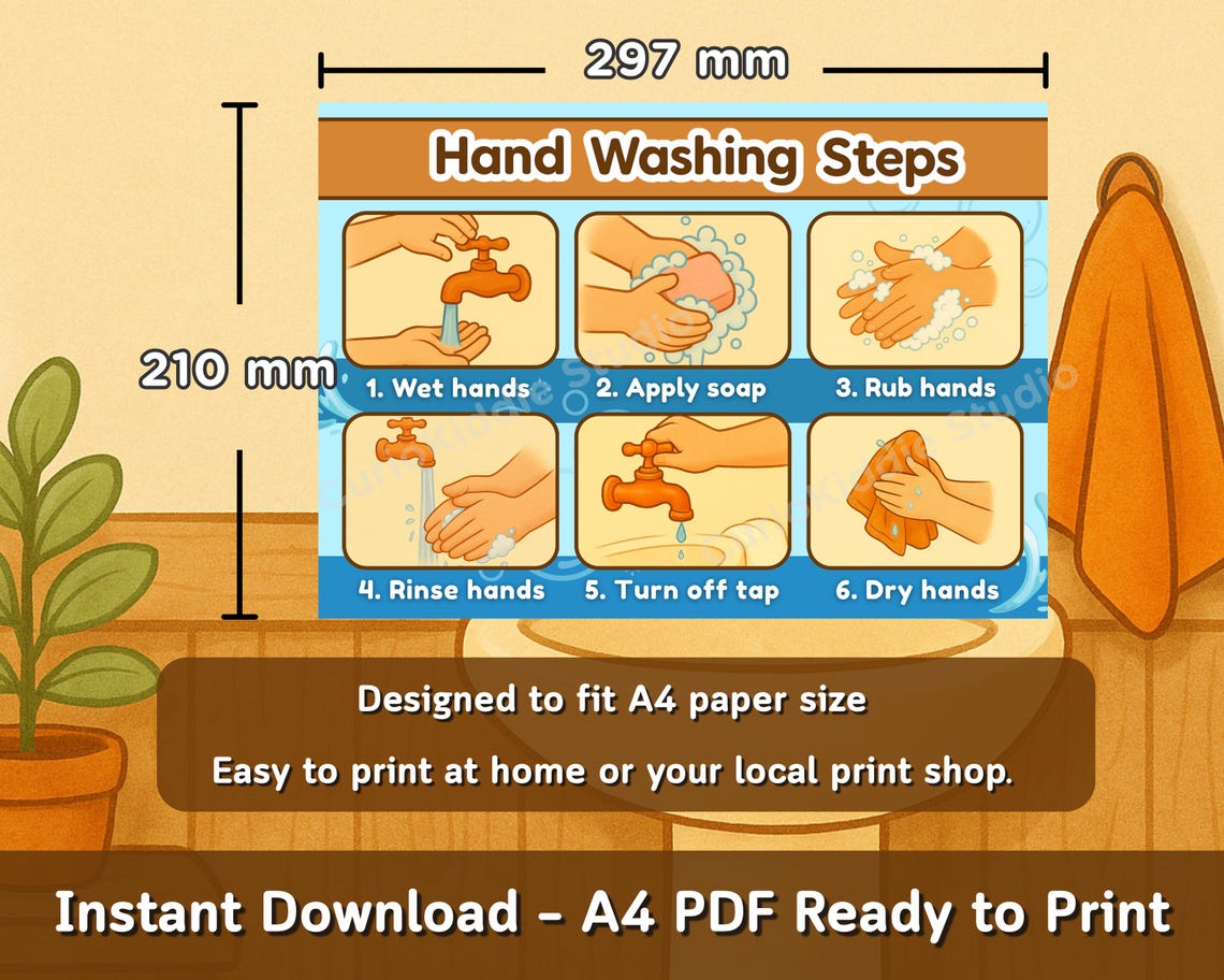 Hand Washing Steps Poster for Kids – A4 Printable Bathroom Sign ...