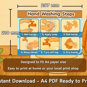 Hand Washing Steps Poster for Kids – A4 Printable Bathroom Sign ...