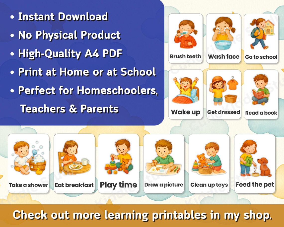 20 Daily Routine Flashcards for Kids – Printable Visual Schedule for ...