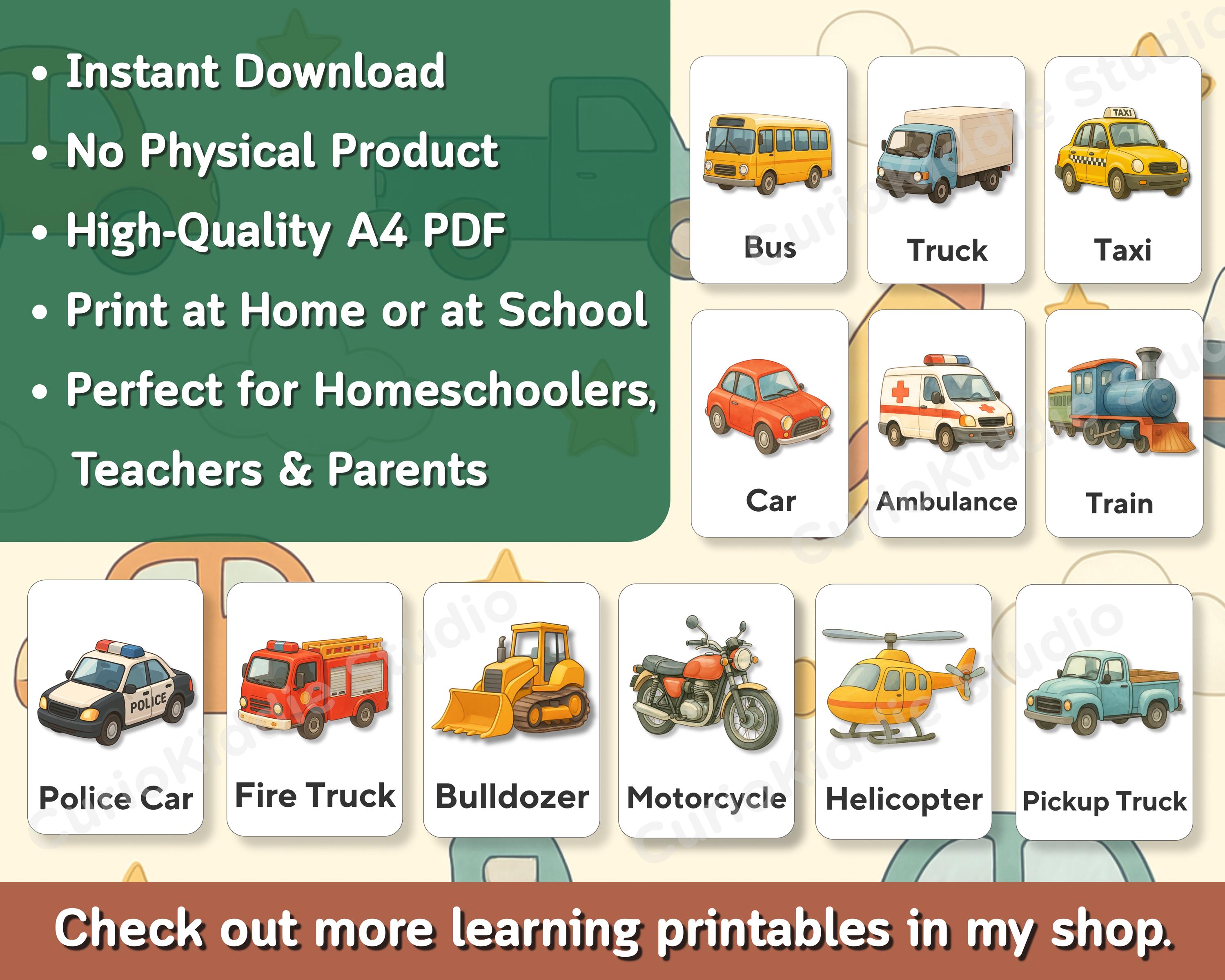 20 Printable Vehicle Flashcards for Kids – Transportation Learning Set ...