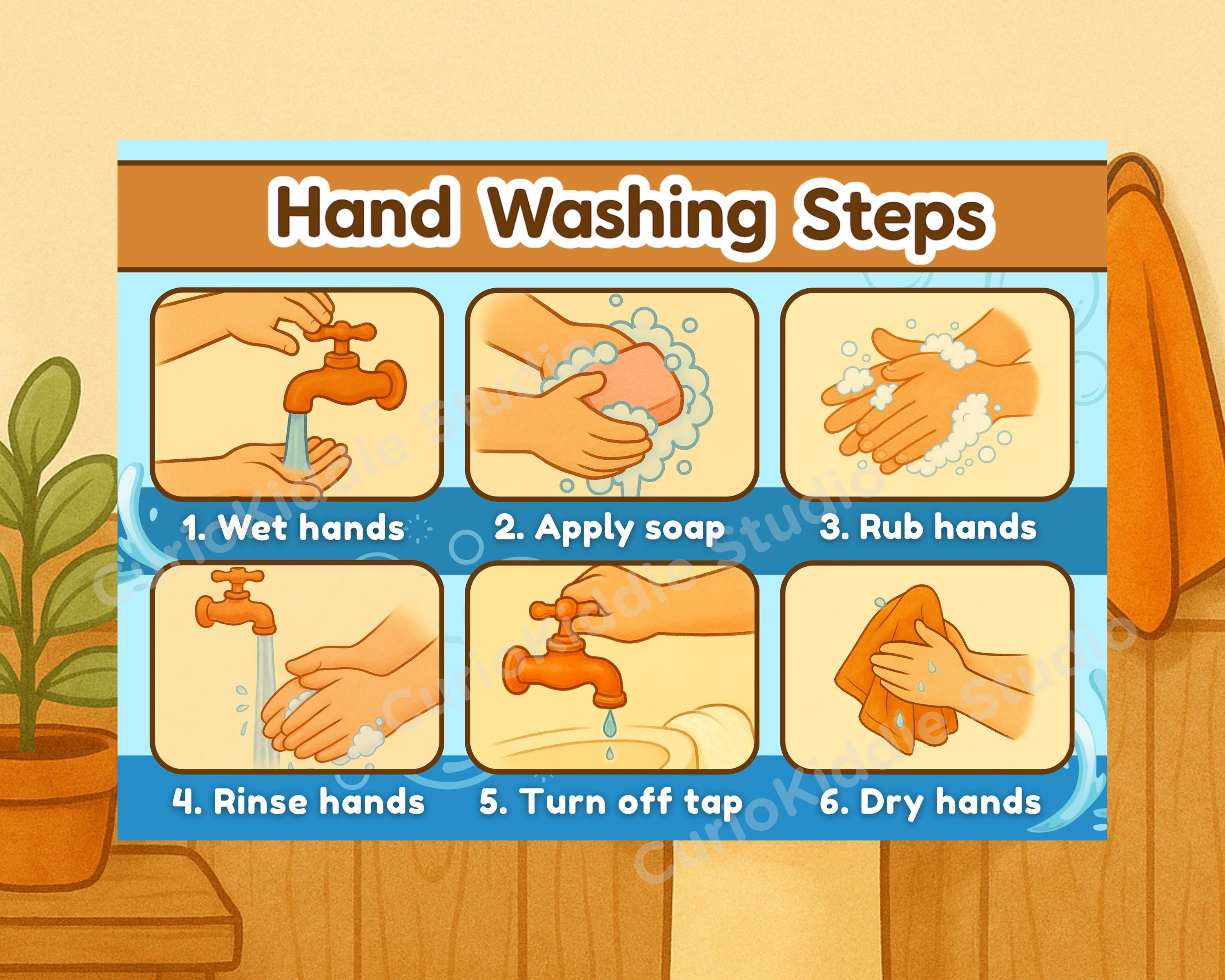 Hand Washing Steps Poster for Kids – A4 Printable Bathroom Sign ...