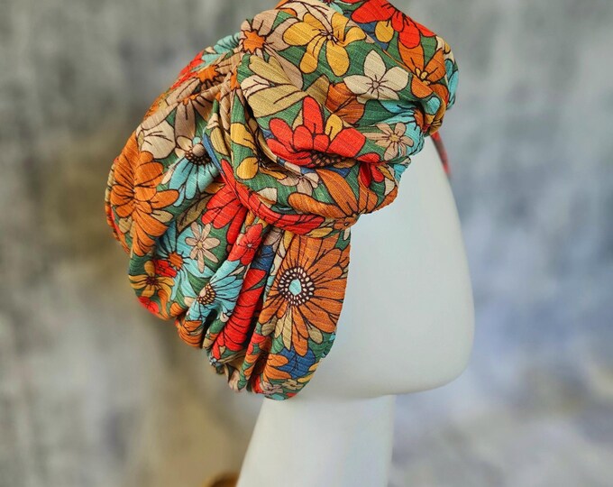 Retro Floral Turban for Women, Head Cover for Hair Loss, Ruffle Front ...