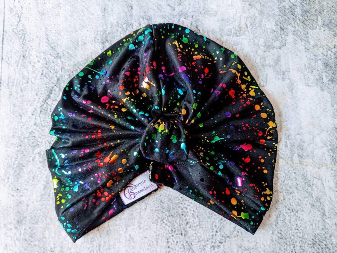 Metallic Rainbow Splatter, Top Knot Turban, Turban, Headcover, Chemo ...