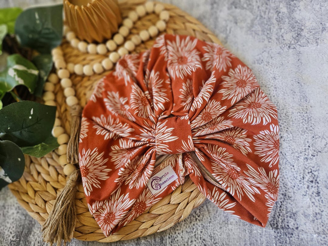 Rust and Cream Sunflower Floral, Turban for Women, Headcover for Hair ...