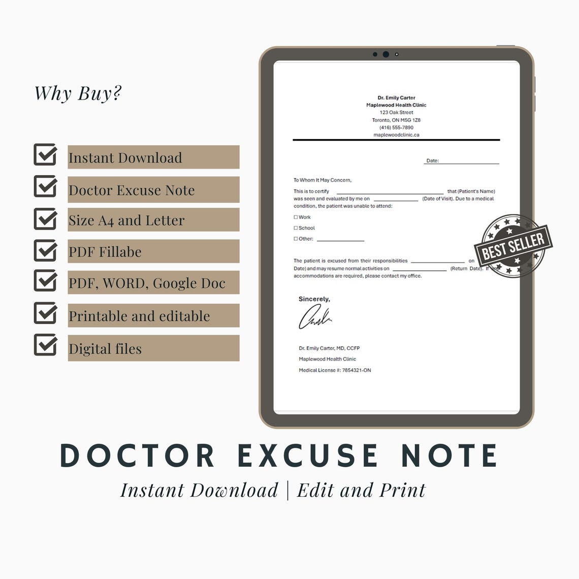 Doctor’s Excuse Note | Printable & Editable Medical Absence Template ...