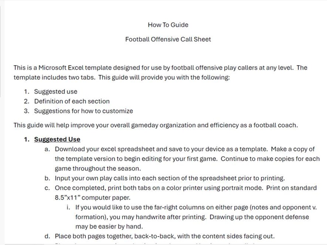 Football Offensive Play Call Sheet - Etsy