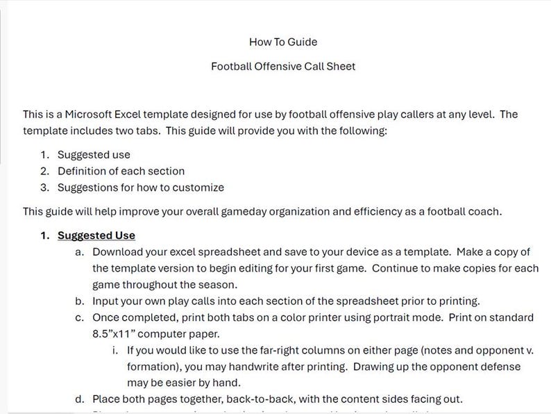 Football Offensive Play Call Sheet - Etsy